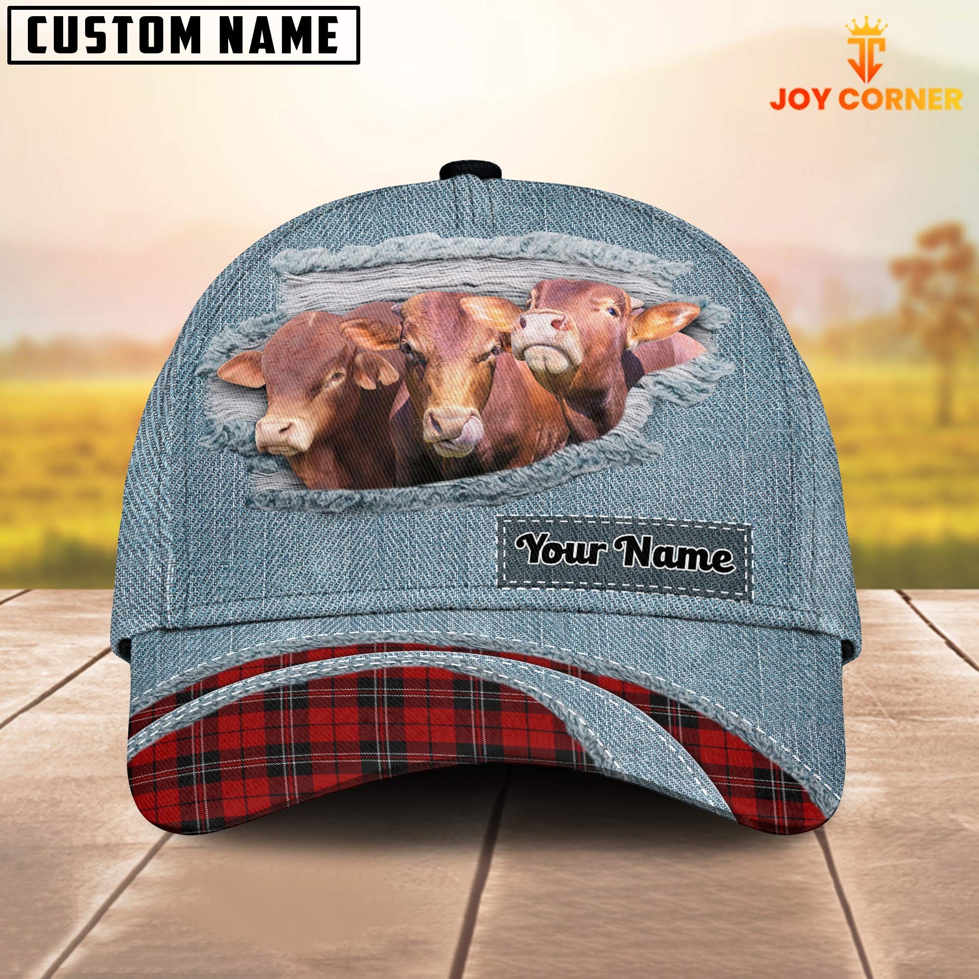 Uni Beefmaster Red Caro And Jeans Pattern Customized Name Cap – UniJames