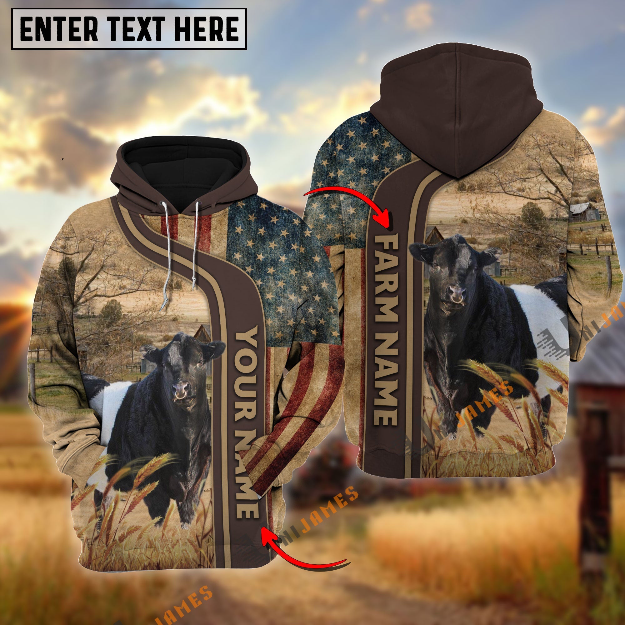 Uni Personalized Name, Farm Name Belted Galloway US Flag Hoodie – UniJames