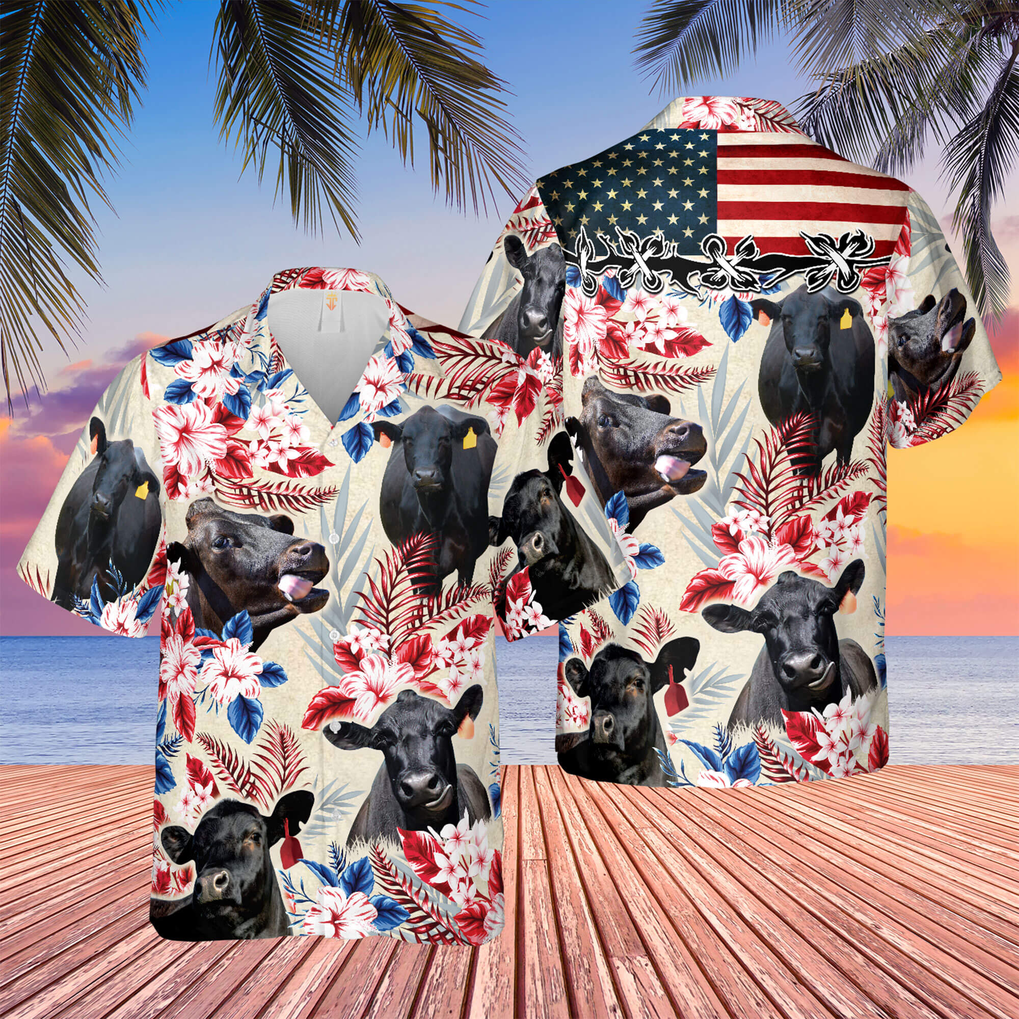 Unique Black Angus American Flag Hawaiian Flowers All Over Printed 3D ...