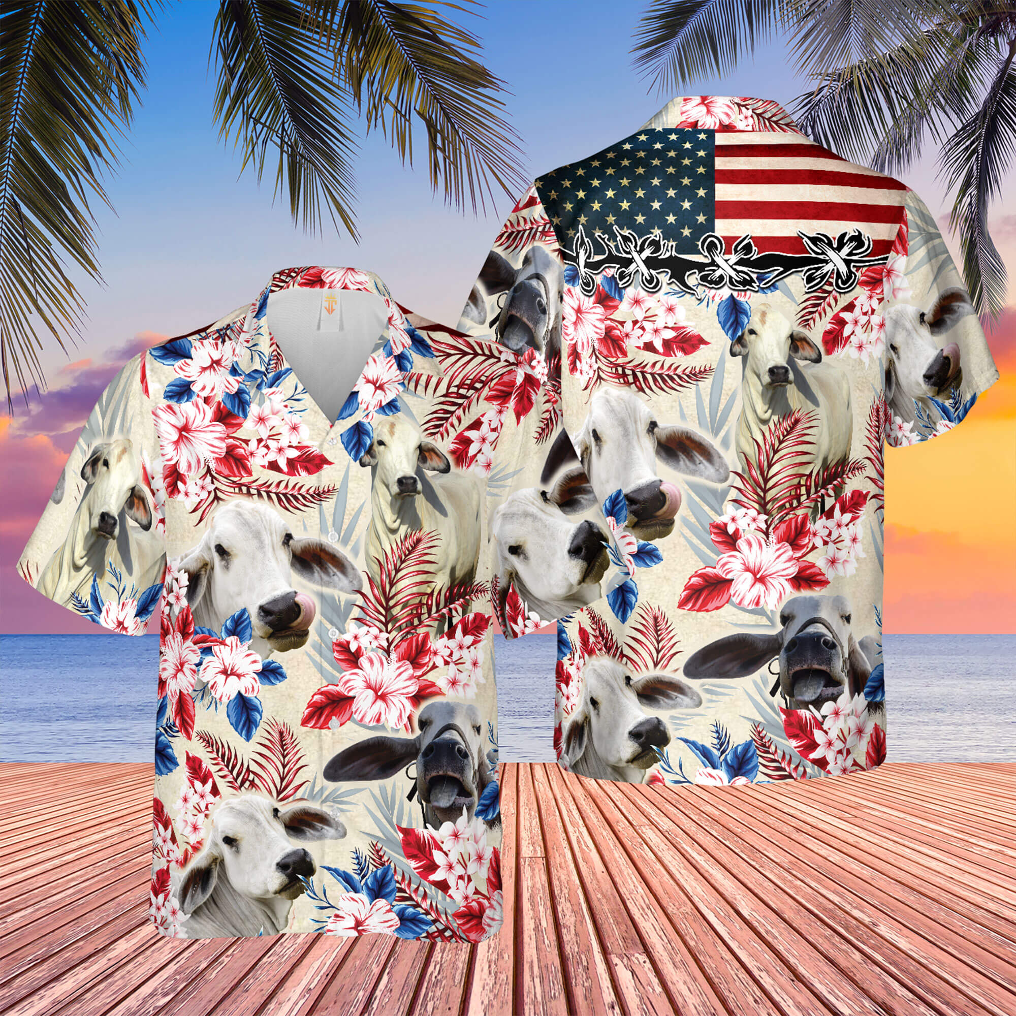 Unique Brahman Cattle American Flag Hawaiian Flowers All Over Printed ...