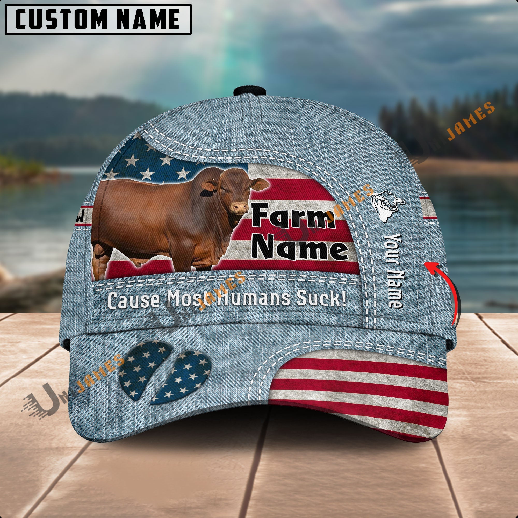 Uni Beefmaster US Flag Jeans Pattern Customized Name And Farm Name Cap ...
