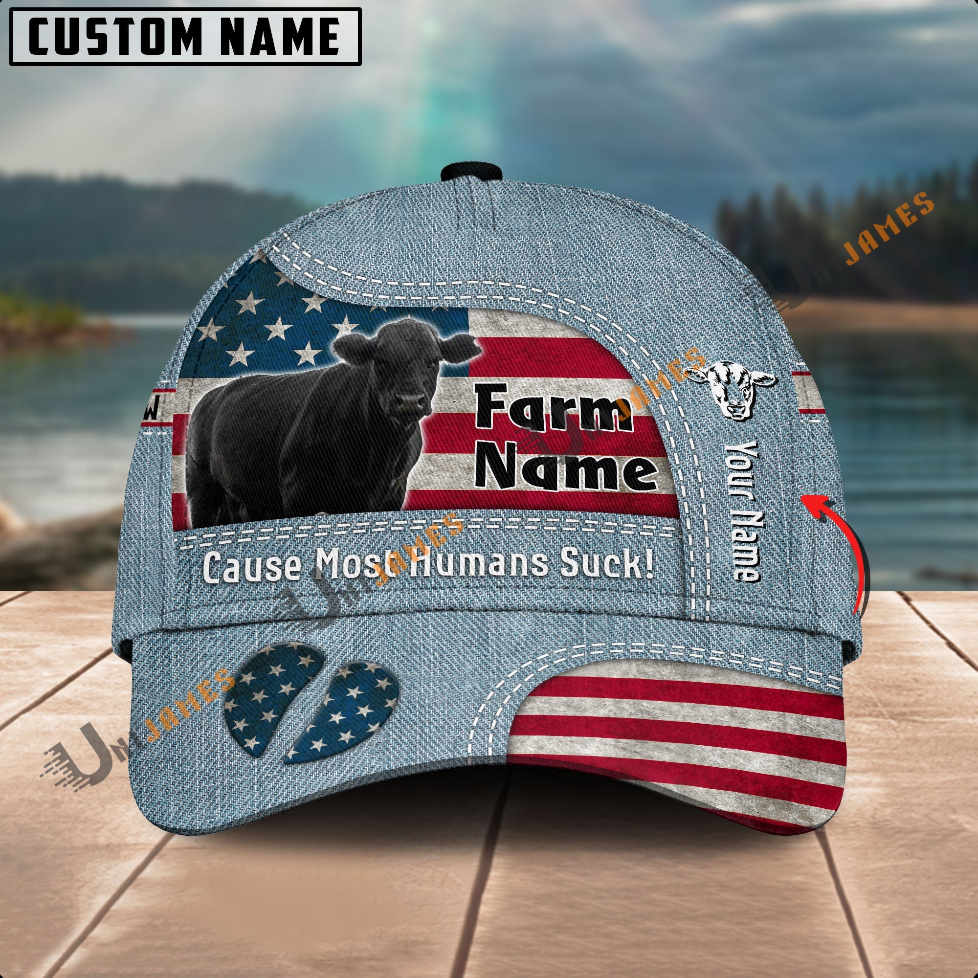Uni Black Angus US Flag Jeans Pattern Customized Name And Farm Name Ca ...