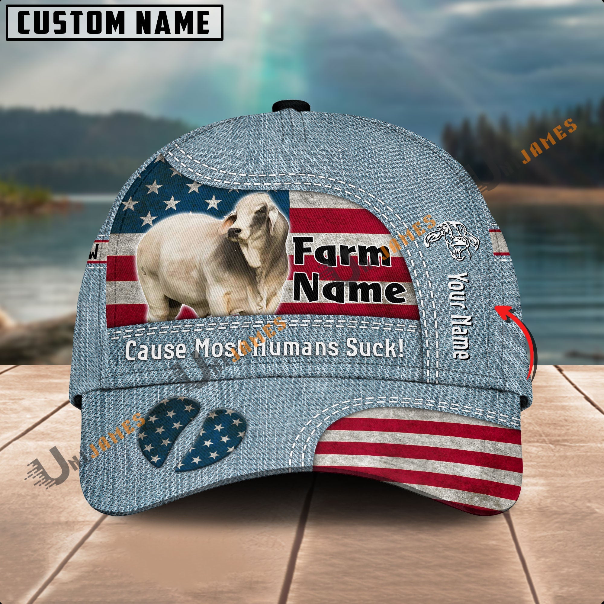 Uni Brahman US Flag Jeans Pattern Customized Name And Farm Name Cap ...
