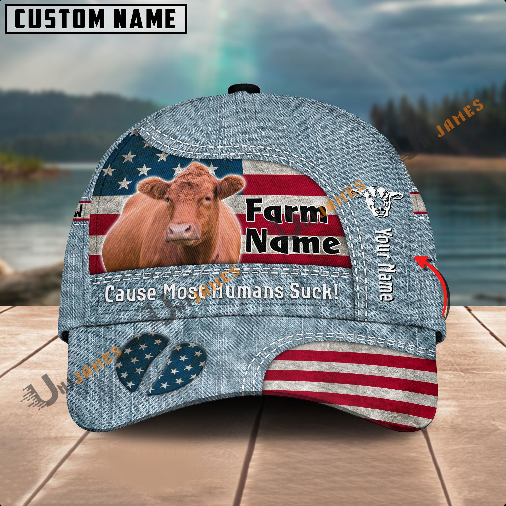 Uni Red Angus US Flag Jeans Pattern Customized Name And Farm Name Cap ...