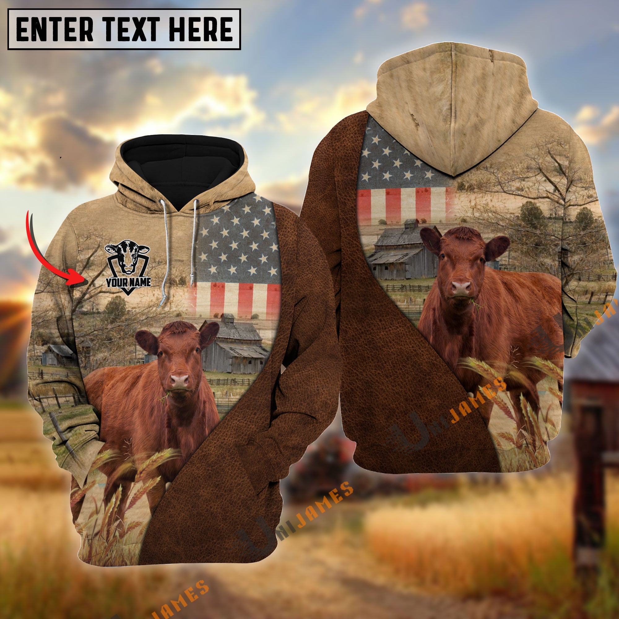 Uni Personalized Name Red Angus Cattle USA Flag Hoodie – UniJames