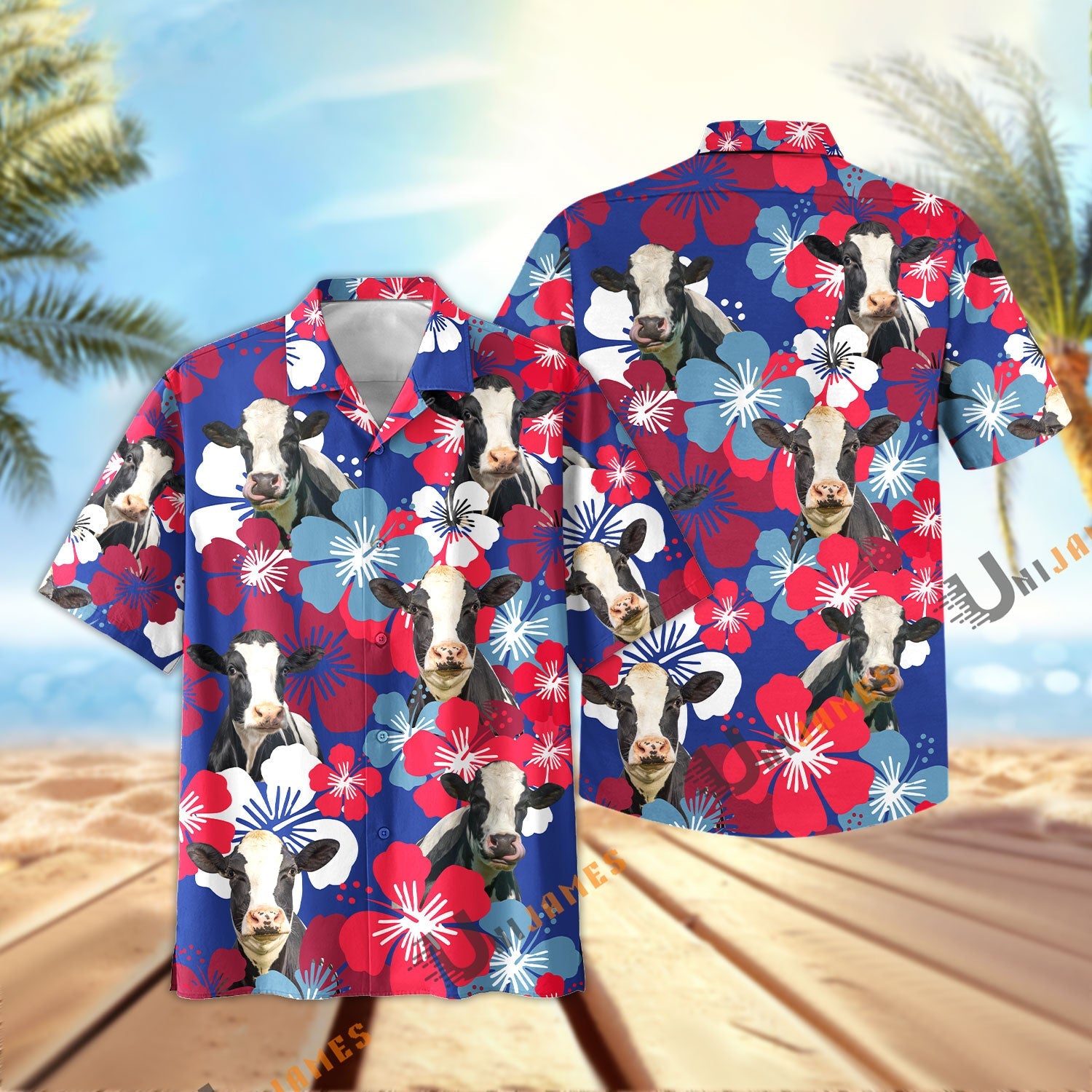 Unique Holstein Flower Blue Red 3D Hawaiian Shirt – UniJames