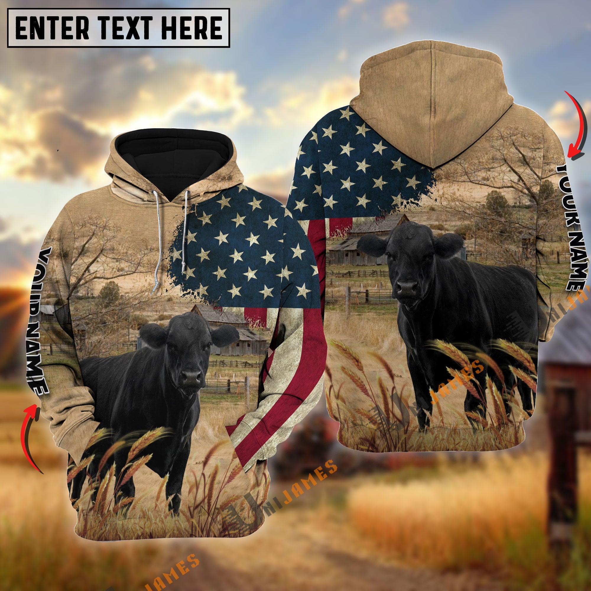 Uni Black Angus US Flag Customized Name 3D Hoodie – UniJames
