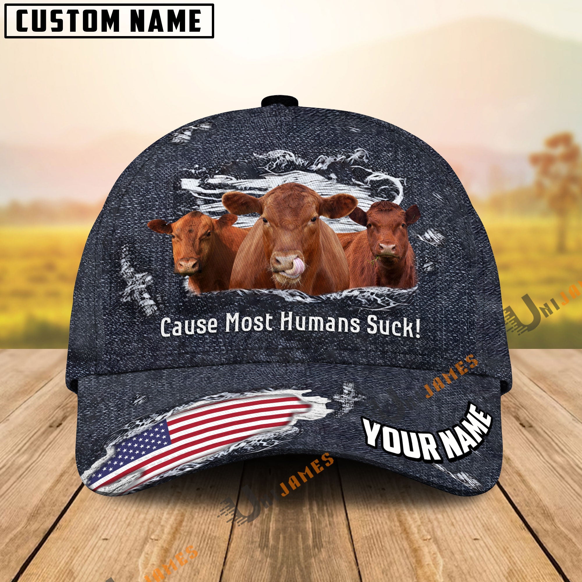 Uni Red Angus US Flag Dark Jean Pattern Customized Name Cap – UniJames
