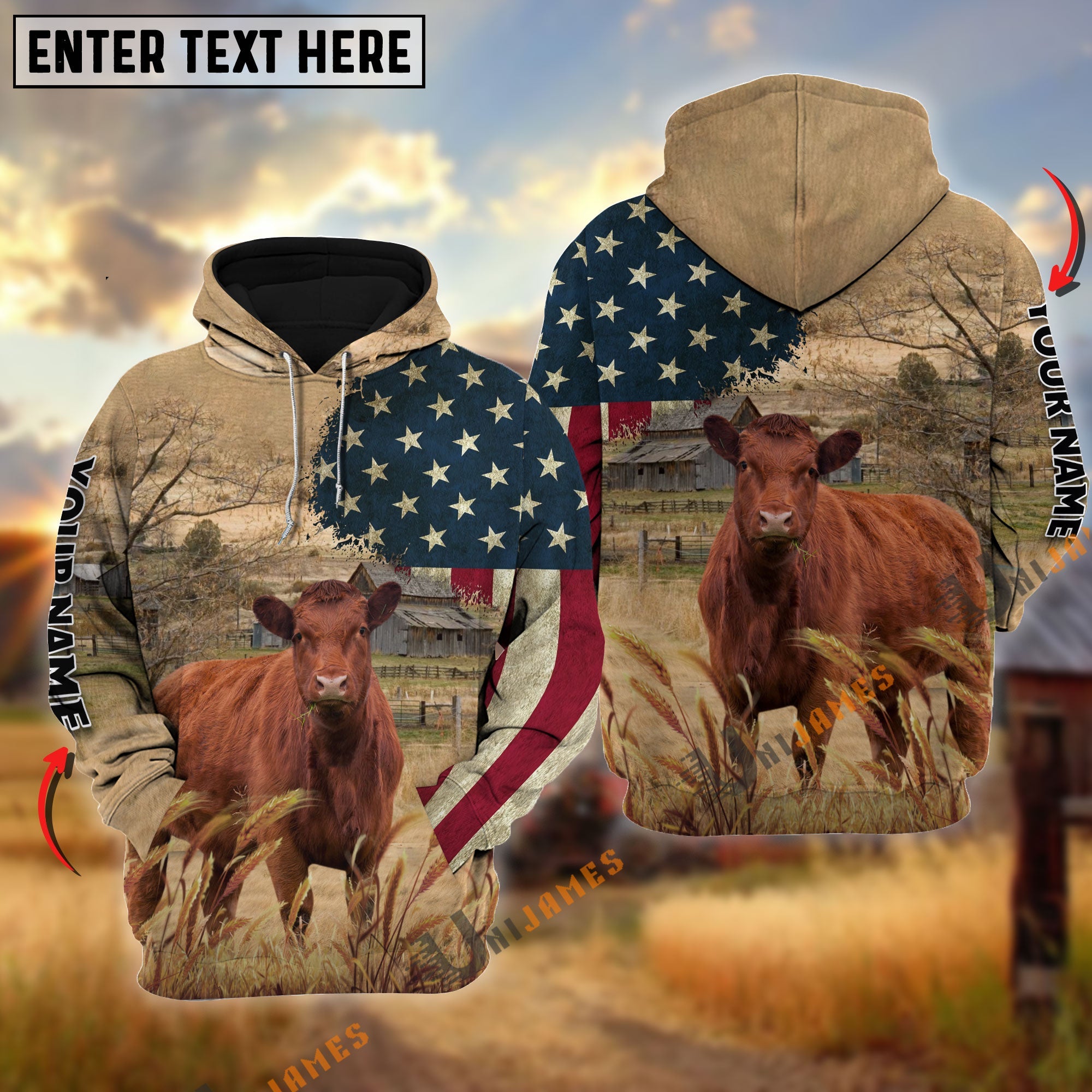 Uni Red Angus US Flag Customized Name 3D Hoodie – UniJames