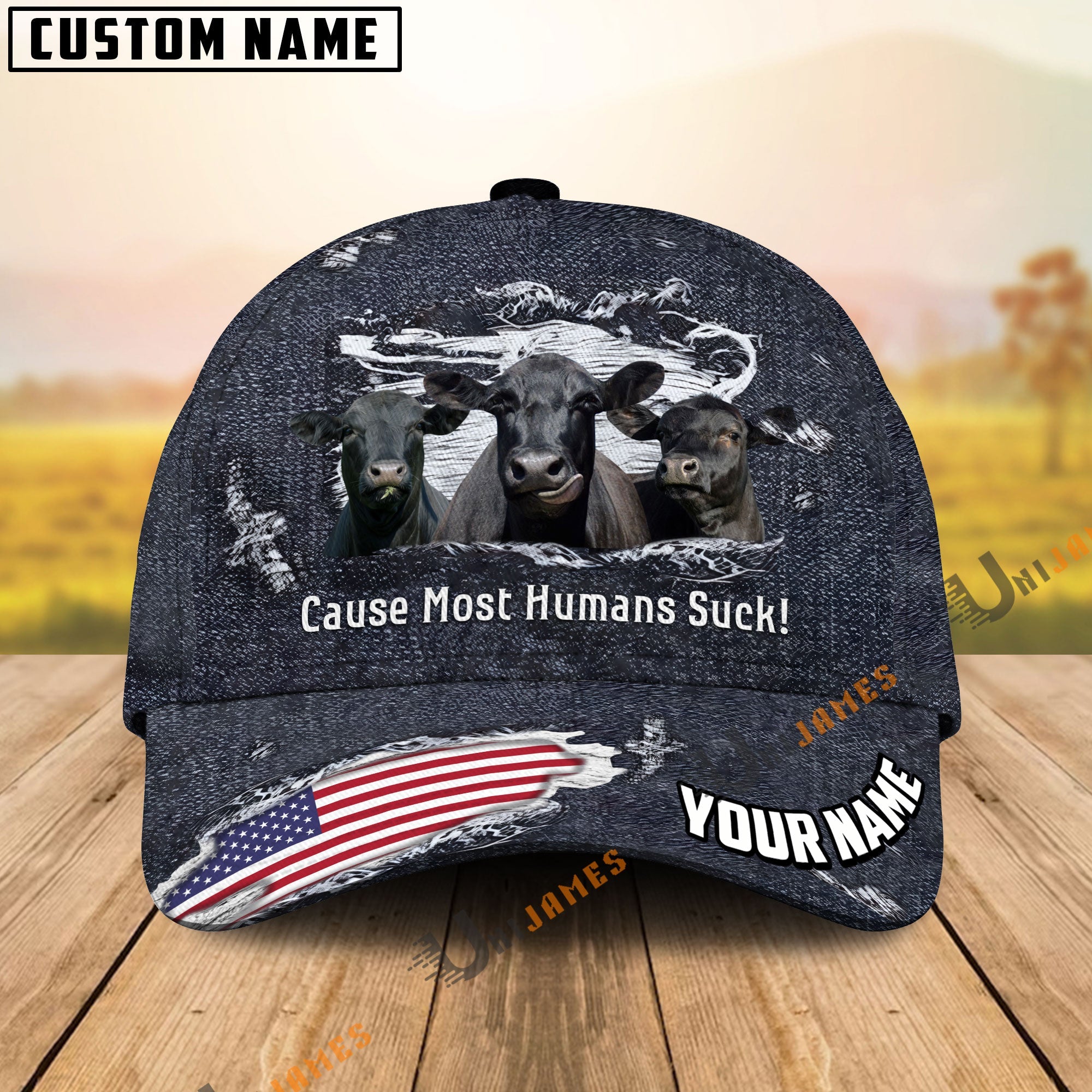 Uni Black Angus US Flag Dark Jean Pattern Customized Name Cap – UniJames