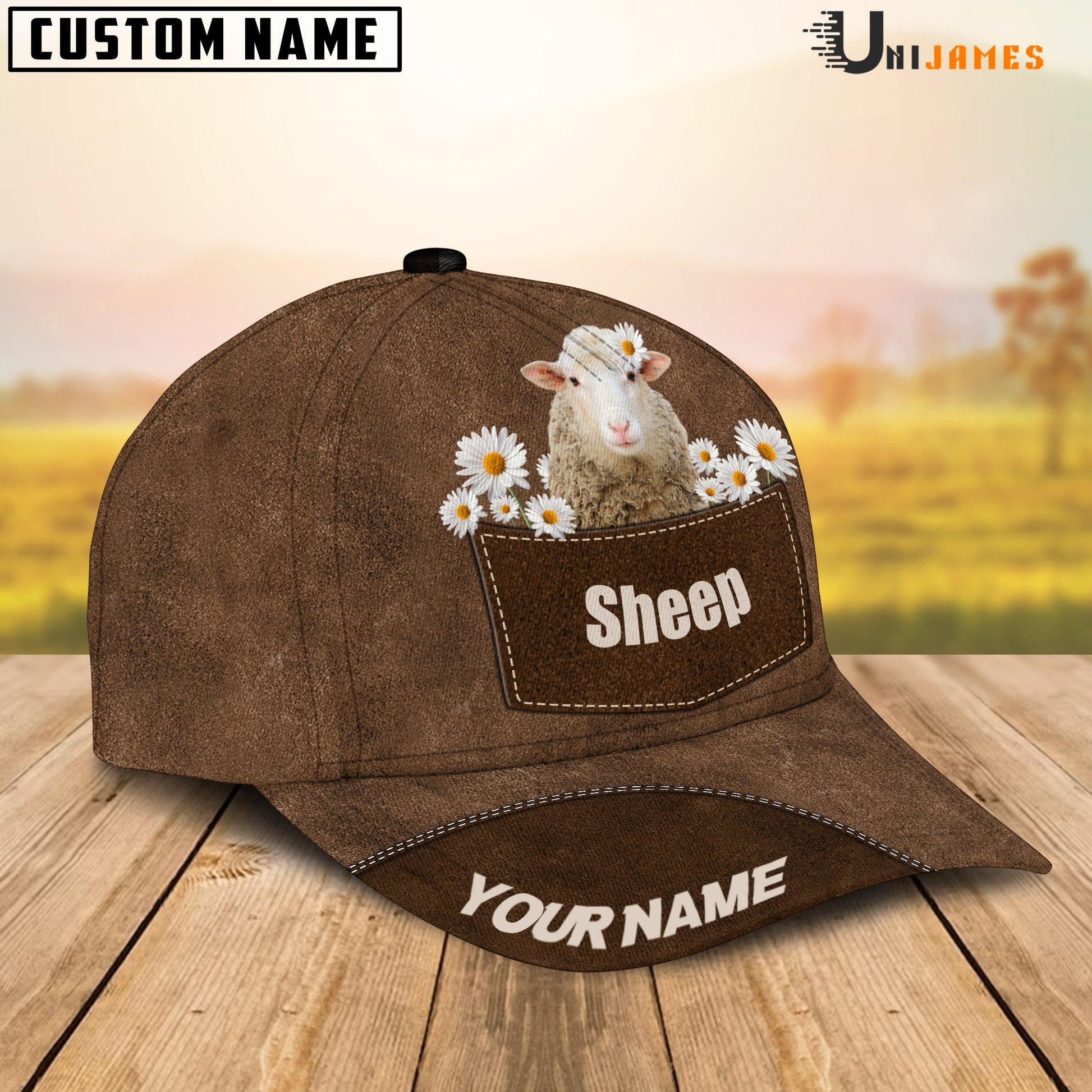 Uni Sheep Daisy Flowers Brown Customized Name Cap – UniJames