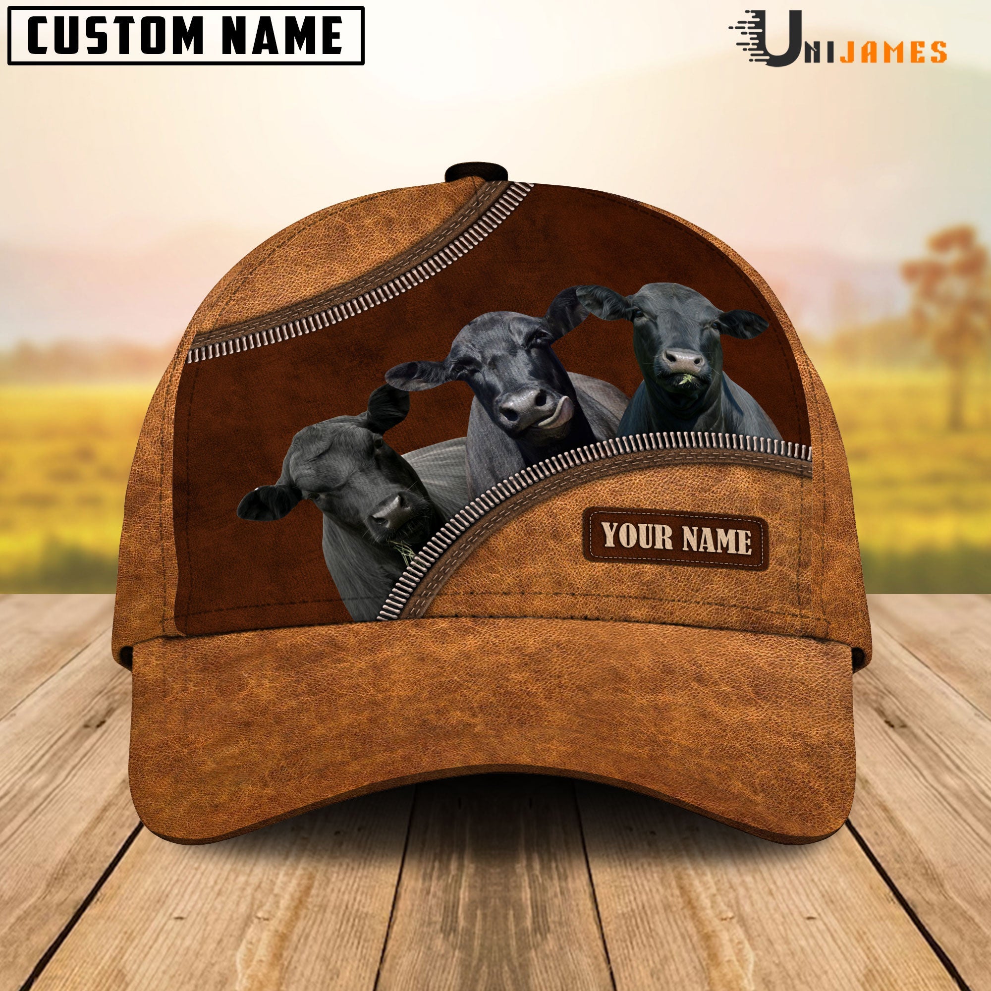 Uni Black Angus Happiness Leather Pattern Customized Name Cap – UniJames